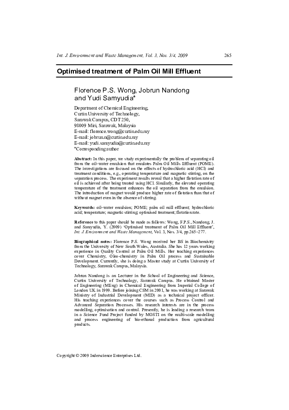 (PDF) Optimised treatment of Palm Oil Mill Effluent