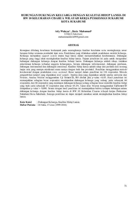 (PDF) Hubungan Dukungan Keluarga Dengan Kualitas Hidup Lansia DI RW 10 Kelurahan Cisarua Wilayah ...