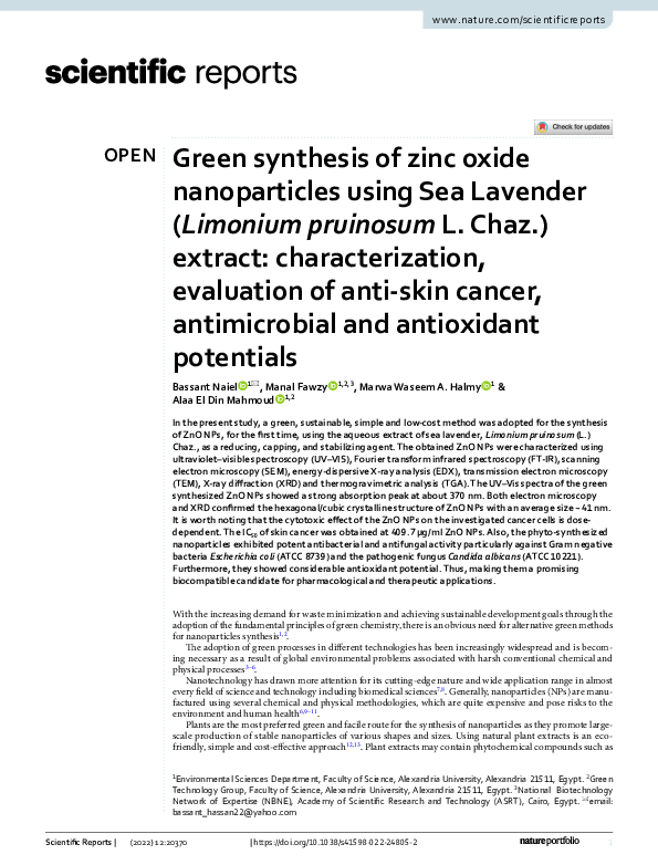 (PDF) Green synthesis of zinc oxide nanoparticles using Sea Lavender (Limonium pruinosum L. Chaz ...