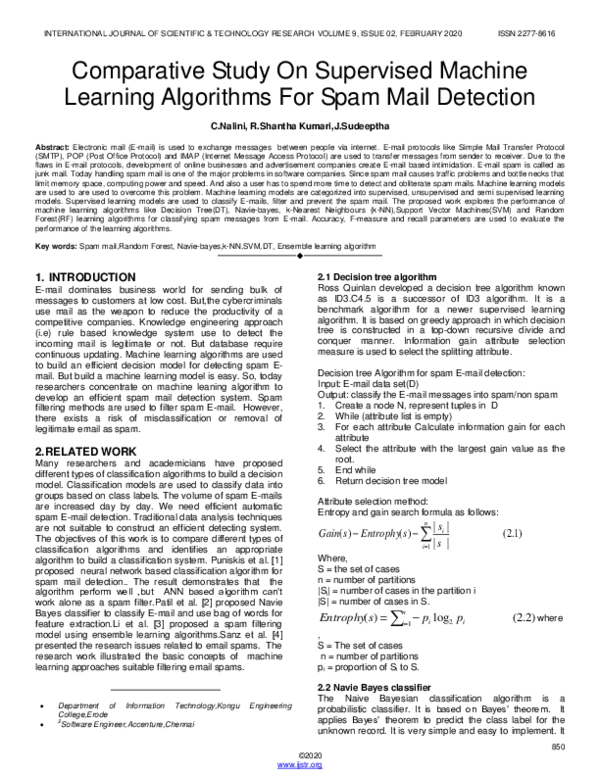 (PDF) Comparative Study On Supervised Machine Learning Algorithms For Spam Mail Detection