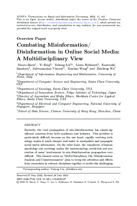 Pdf Combating Misinformation Disinformation In Online Social Media A Multidisciplinary View