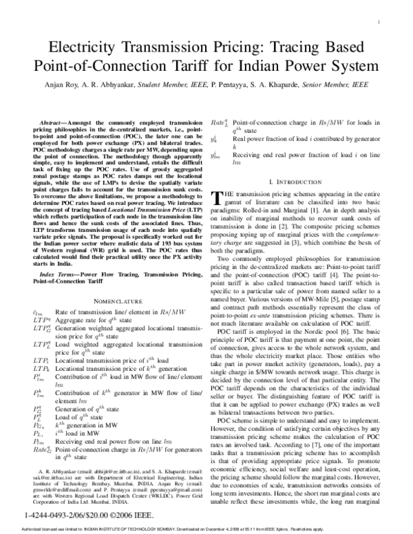 (PDF) Electricity transmission pricing: tracing based point-of ...