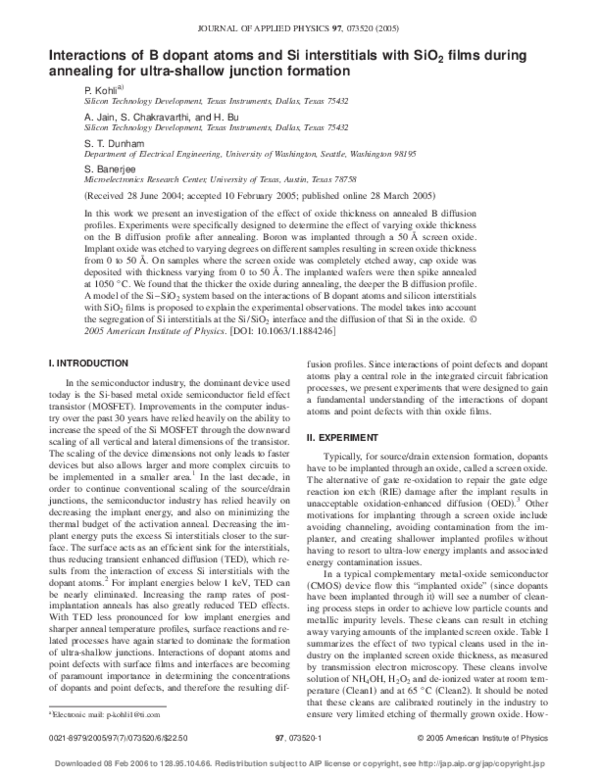 (PDF) Interactions of B dopant atoms and Si interstitials with SiO2 films during annealing for ...