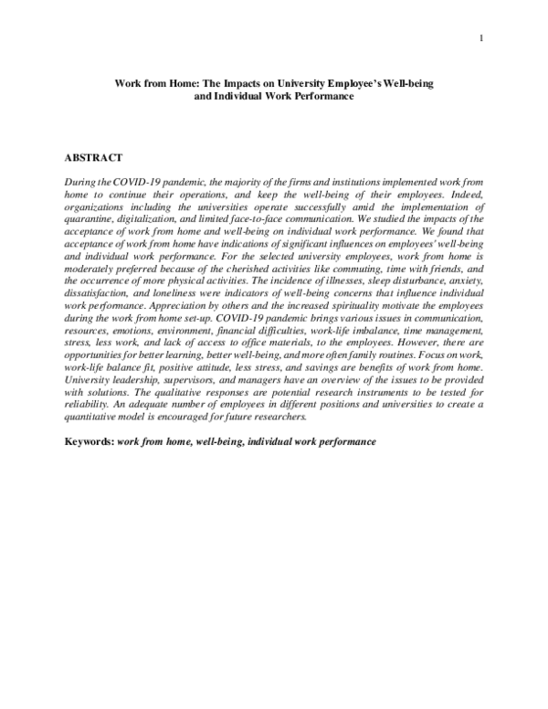 (PDF) Work from Home: The Impacts on University Employee's Well-being ...