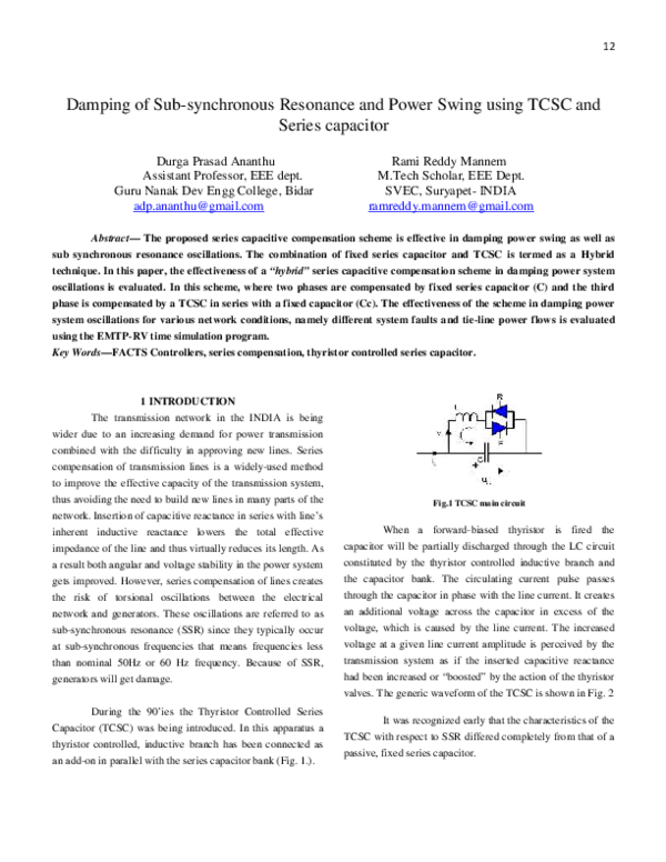 (PDF) Damping of Sub-synchronous Resonance and Power Swing using TCSC and Series capacitor