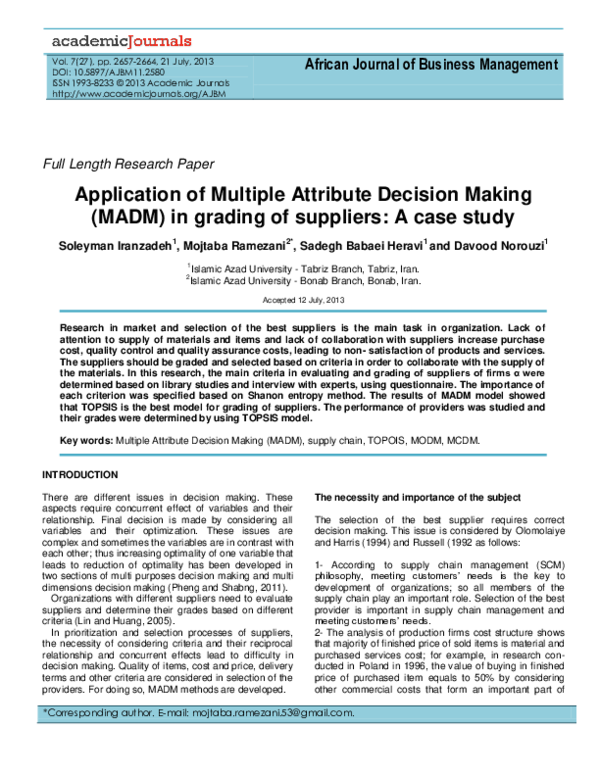 (PDF) Application of Multiple Attribute Decision Making (MADM) in grading of suppliers: A case study