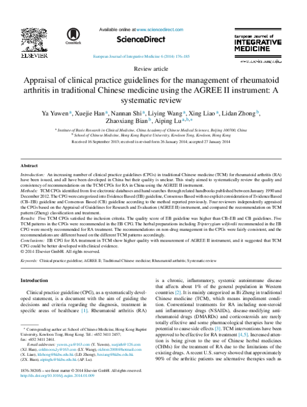 Pdf Appraisal Of Clinical Practice Guidelines For The Management Of Rheumatoid Arthritis In