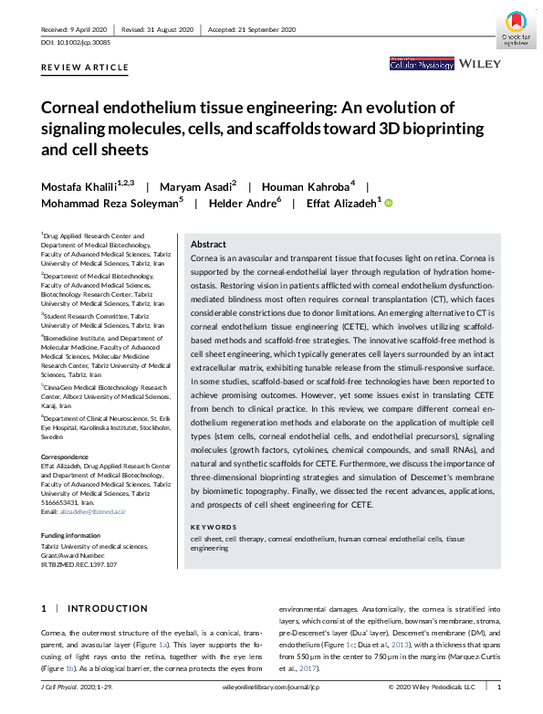 (PDF) Corneal endothelium tissue engineering: An evolution of signaling molecules, cells, and ...