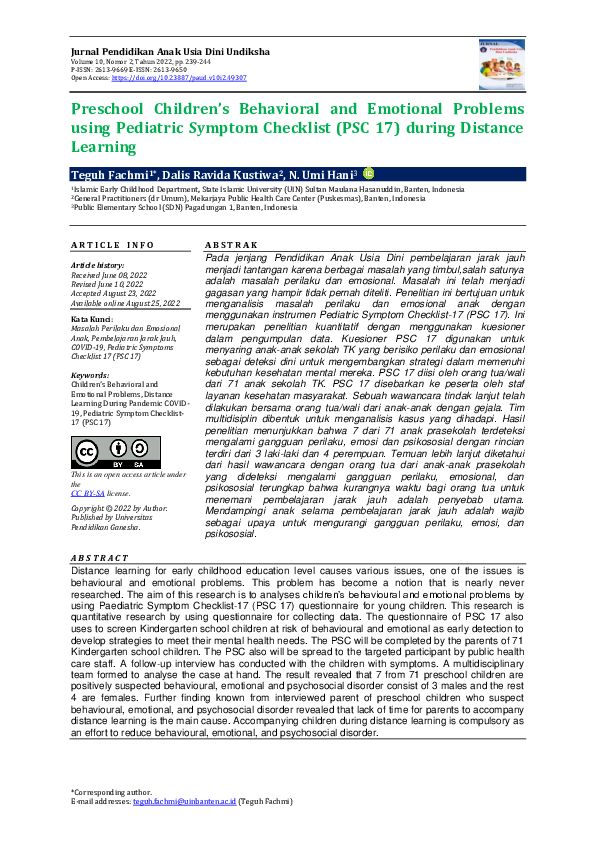 (PDF) Preschool Children’s Behavioral and Emotional Problems using ...