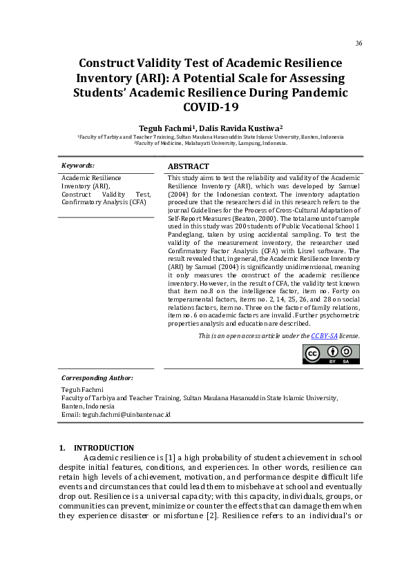 (PDF) Construct Validity Test of Academic Resilience Inventory (ARI): A ...