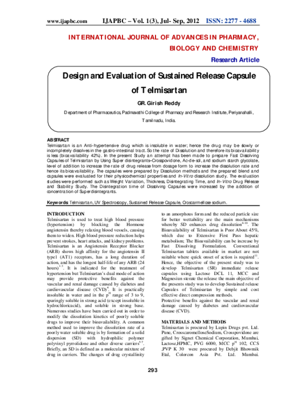 Pdf Design And Evaluation Of Sustained Release Capsule Of Telmisartan Gr