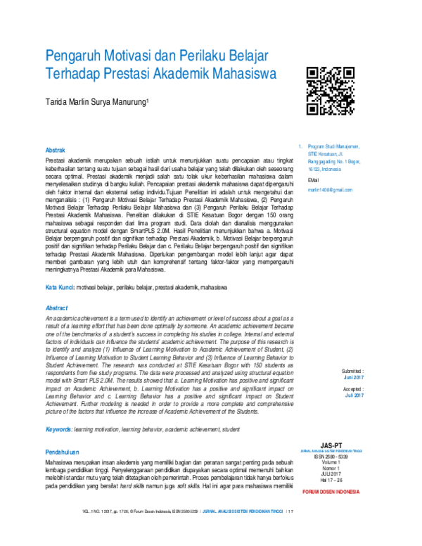 (PDF) Pengaruh Motivasi dan Perilaku Belajar Terhadap Prestasi Akademik Mahasiswa