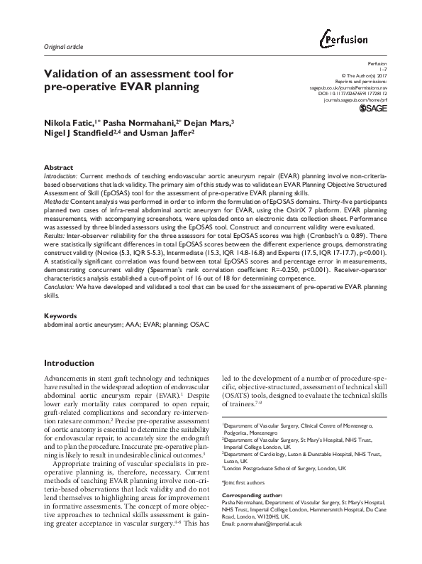 (PDF) Validation of an assessment tool for pre-operative EVAR planning
