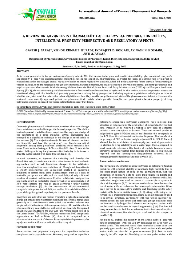 (PDF) A Review on Advances in Pharmaceutical Co-Crystal Preparation ...