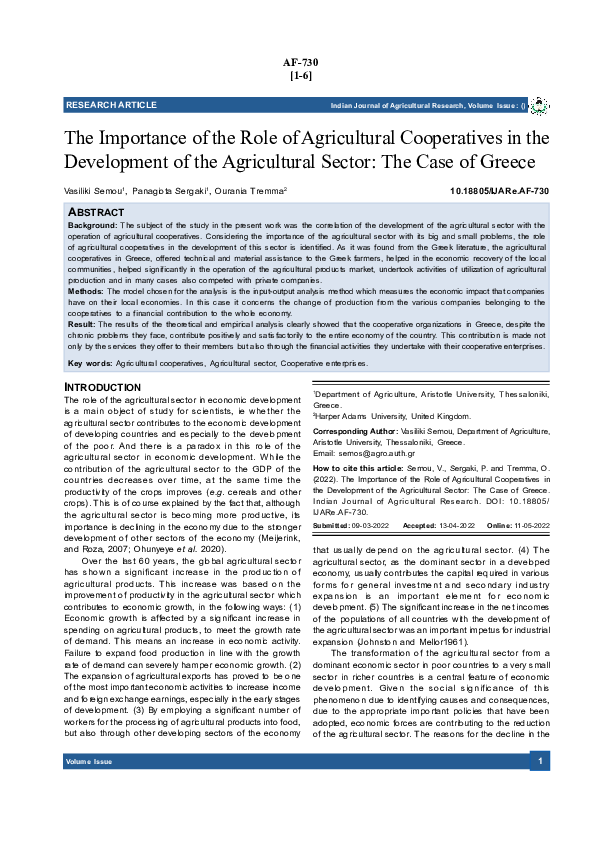(PDF) The Importance of the Role of Agricultural Cooperatives in the ...