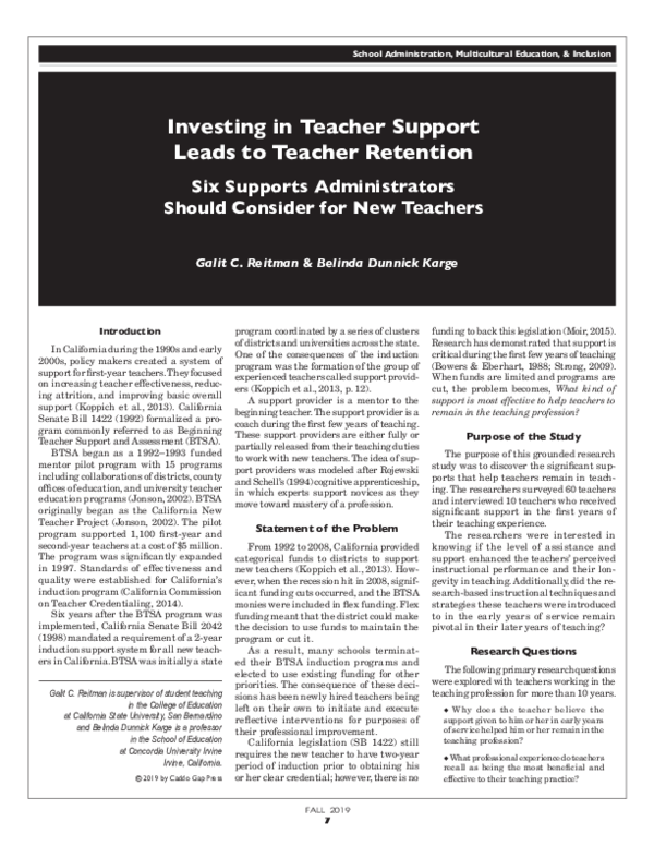 (PDF) Investing in Teacher Support Leads to Teacher Retention: Six ...