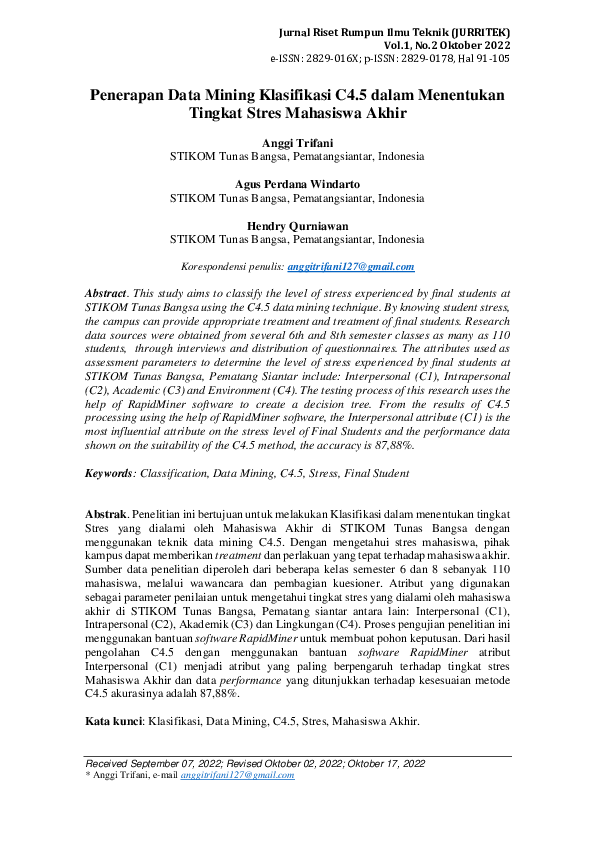 (PDF) Penerapan Data Mining Klasifikasi C4.5 dalam Menentukan Tingkat Stres Mahasiswa Akhir