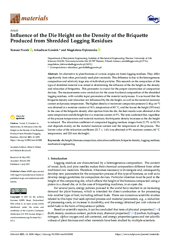 (PDF) Influence of the Die Height on the Density of the Briquette ...