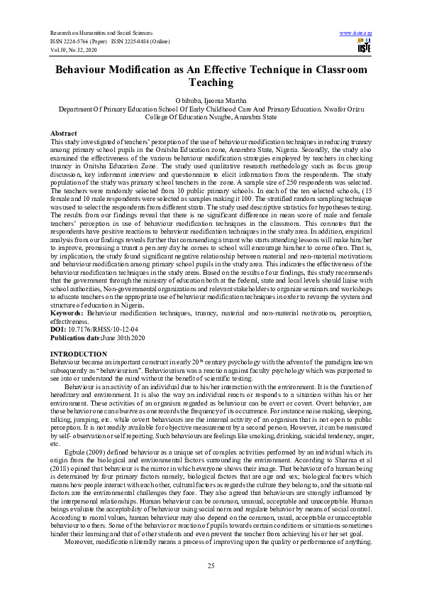 (PDF) Behaviour Modification as An Effective Technique in Classroom ...