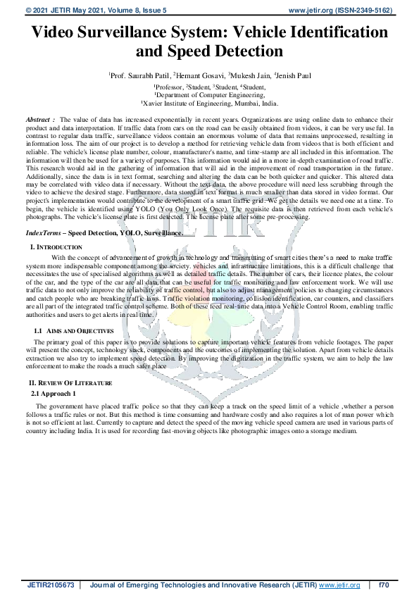 (PDF) Video Surveillance System: Vehicle Identification and Speed Detection