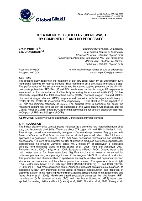 (PDF) Treatment of distillery spent wash by combined UF and RO processes