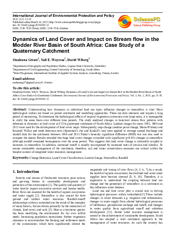 (PDF) Dynamics of Land Cover and Impact on Stream flow in the Modder ...