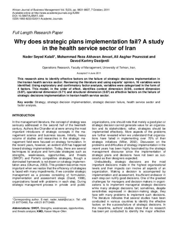 (PDF) Why Does Strategic Plans Implementation Fail? A Study in the ...