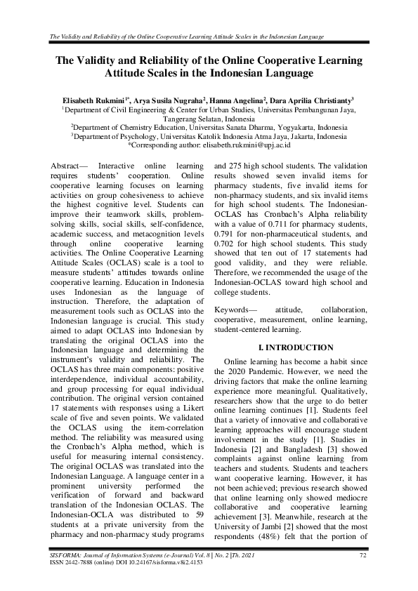 (PDF) The Validity and Reliability of the Online Cooperative Learning Attitude Scales in the ...