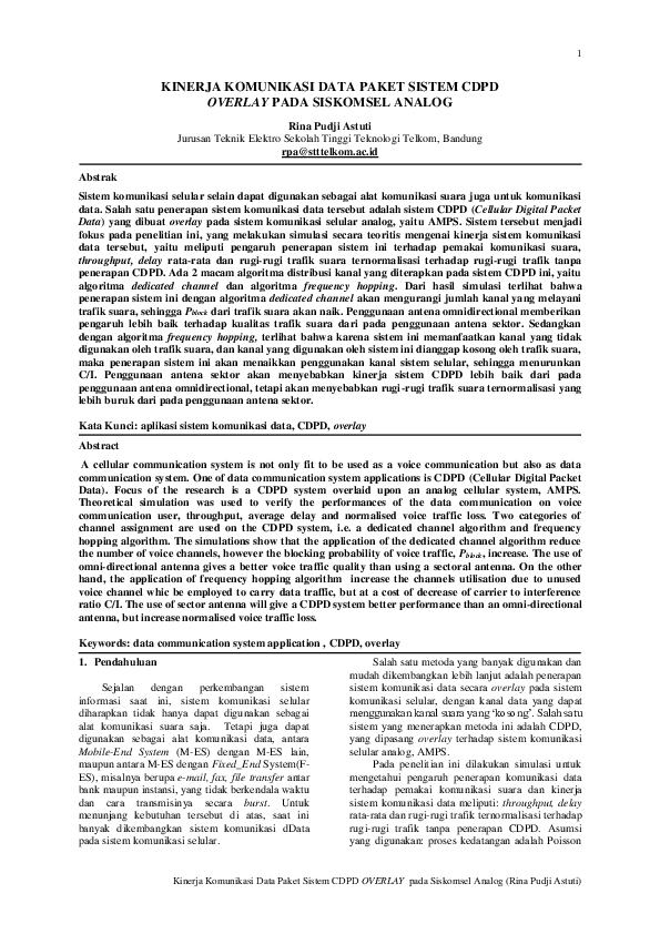 (PDF) Kinerja Komunikasi Data Paket Sistem CDPD Overlay Pada Siskomsel Analog
