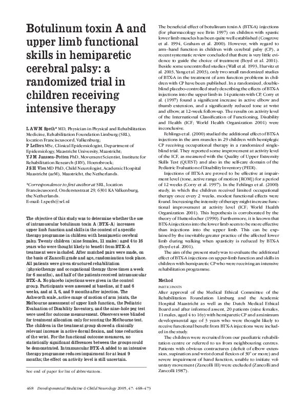 (PDF) Botulinum toxin A and upper limb functional skills in hemiparetic ...