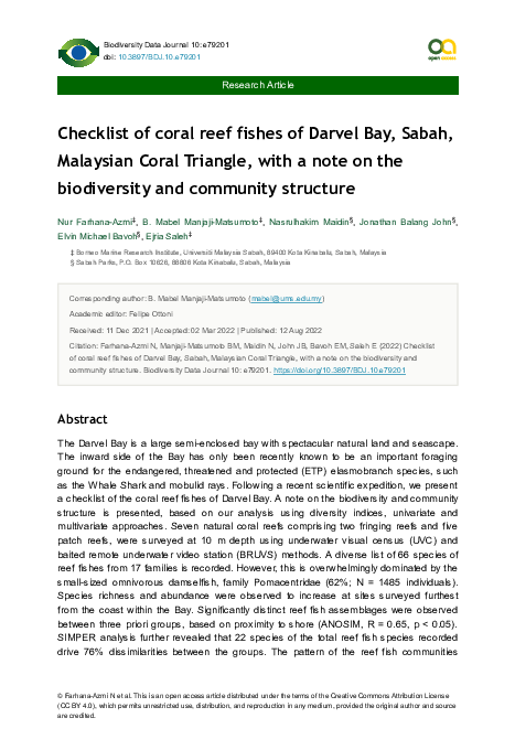 (PDF) Checklist of coral reef fishes of Darvel Bay, Sabah, Malaysian ...