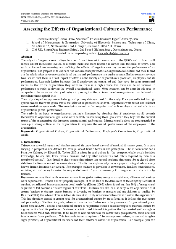 (PDF) 1 Assessing the Effects of Organizational Culture on Performance
