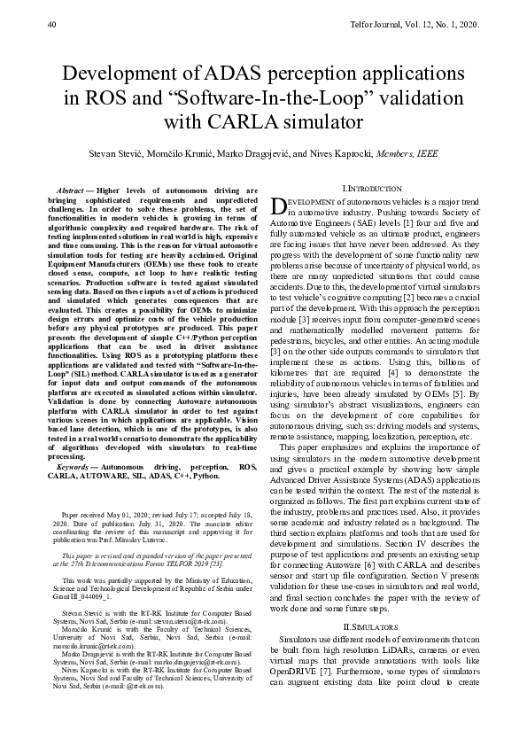 (PDF) Development of ADAS perception applications in ROS and "Software ...