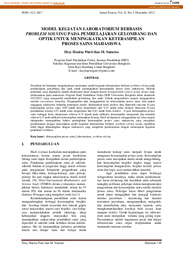 Model Kegiatan Laboratorium Berbasis Problem Solving Pada Pembelajaran Gelombang Dan Optik Untuk ...