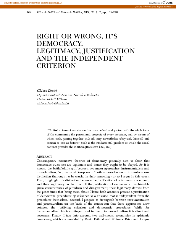 (PDF) Right or wrong, it’s democracy. Legitimacy, justification and the ...