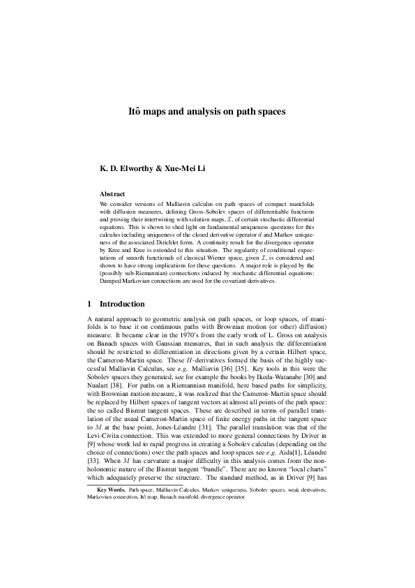 (PDF) Itô maps and analysis on path spaces