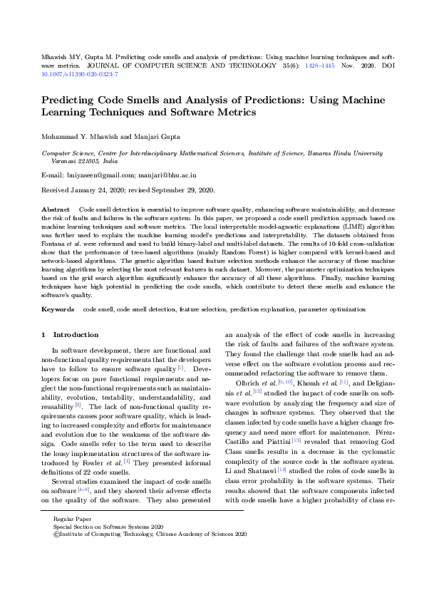(PDF) Machine Learning for Code Smell Prediction