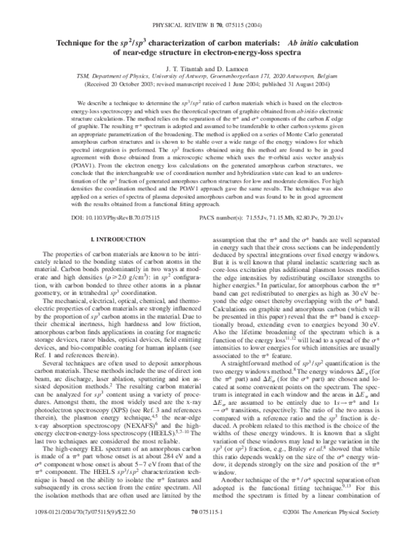 Pdf Technique For The Sp2∕sp3 Characterization Of Carbon Materials Ab Initio Calculation Of