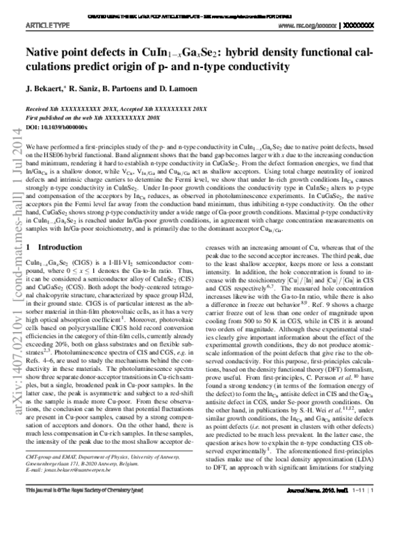 (PDF) Native point defects in CuIn(1-x)Ga(x)Se2: hybrid density functional calculations predict ...