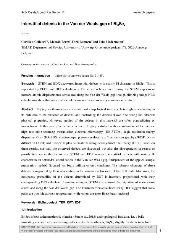 (PDF) Interstitial defects in the van der Waals gap of Bi2Se3