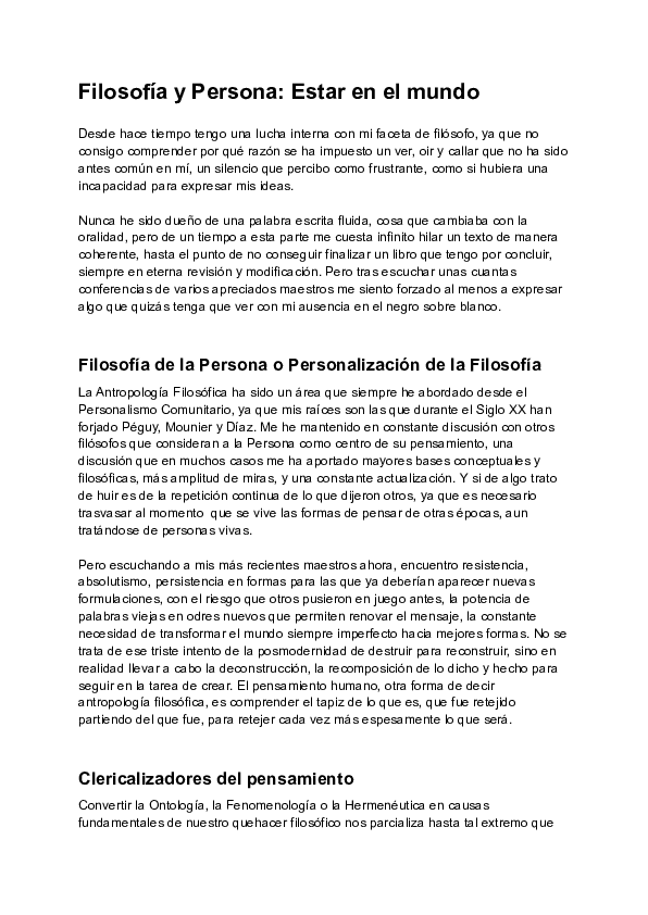 (PDF) Filosofía y Persona: Estar en el mundo