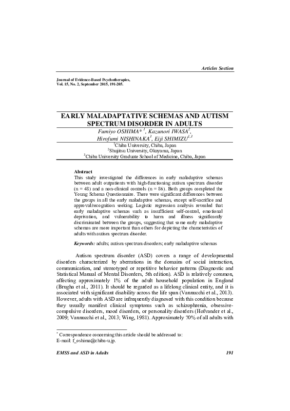 (PDF) Early Maladaptative Schemas and Autism Spectrum Disorder in Adults