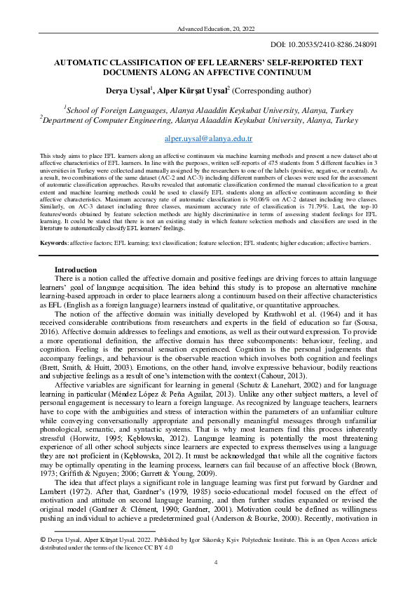 (PDF) Automatic Classification of Efl Learners’ Self-Reported Text Documents Along an Affective ...
