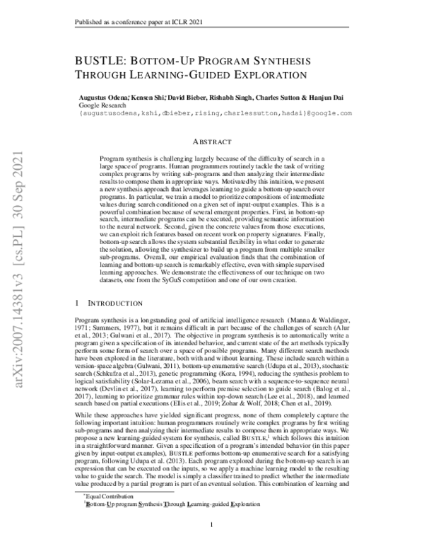 (PDF) BUSTLE: Bottom-Up Program Synthesis Through Learning-Guided Exploration