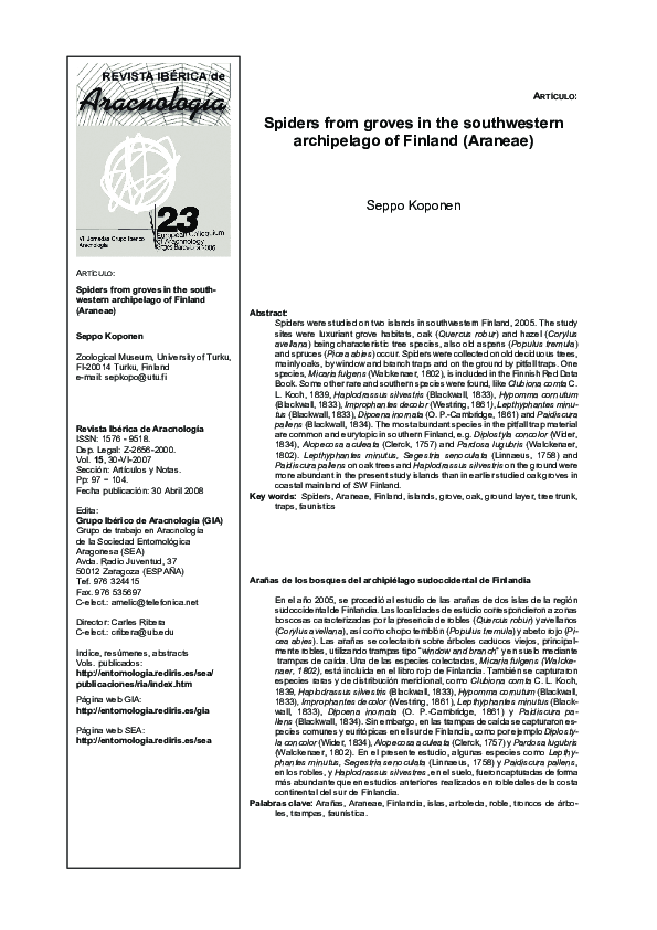 (PDF) Spiders from groves in the southwestern archipelago of Finland ...
