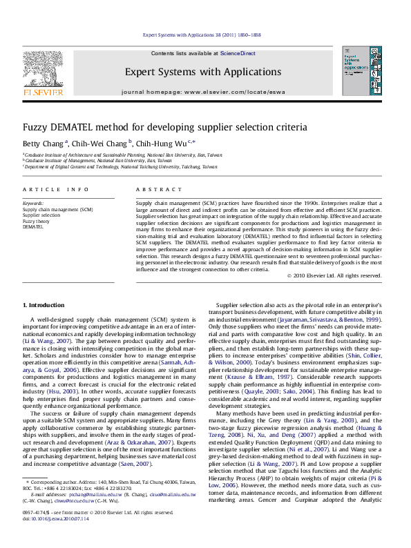 (PDF) Fuzzy DEMATEL method for developing supplier selection criteria