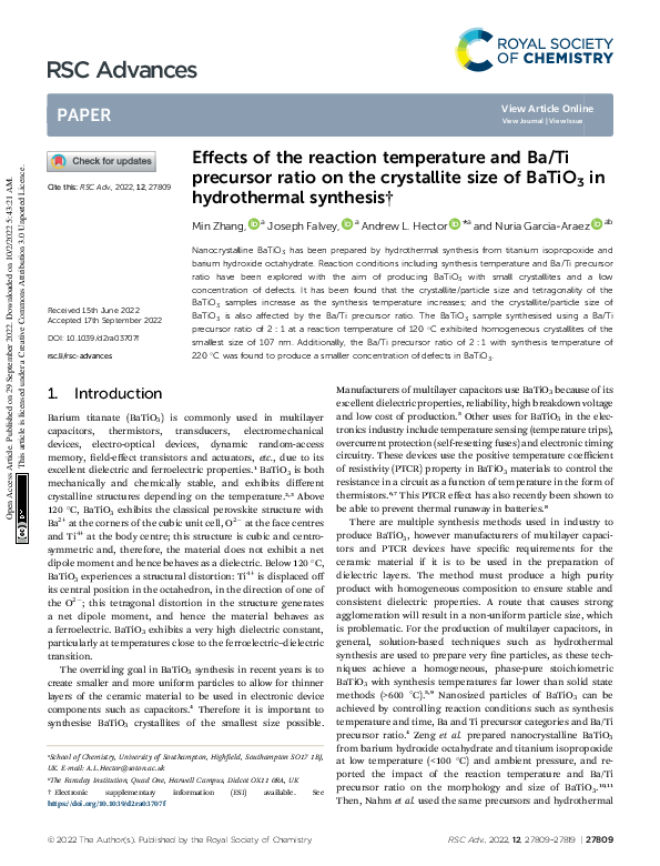 (PDF) Effects of the reaction temperature and Ba/Ti precursor ratio on ...