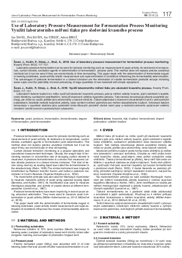 (PDF) Use of Laboratory Pressure Measurement for Fermentation Process Monitoring | Petr Košin ...
