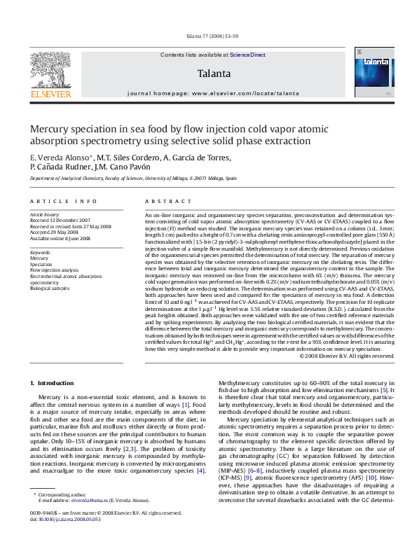 Pdf Mercury Speciation In Sea Food By Flow Injection Cold Vapor Atomic Absorption Spectrometry