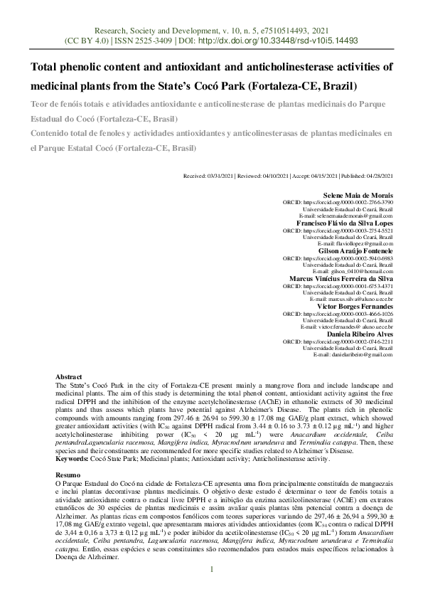 (PDF) Total phenolic content and antioxidant and anticholinesterase activities of medicinal ...